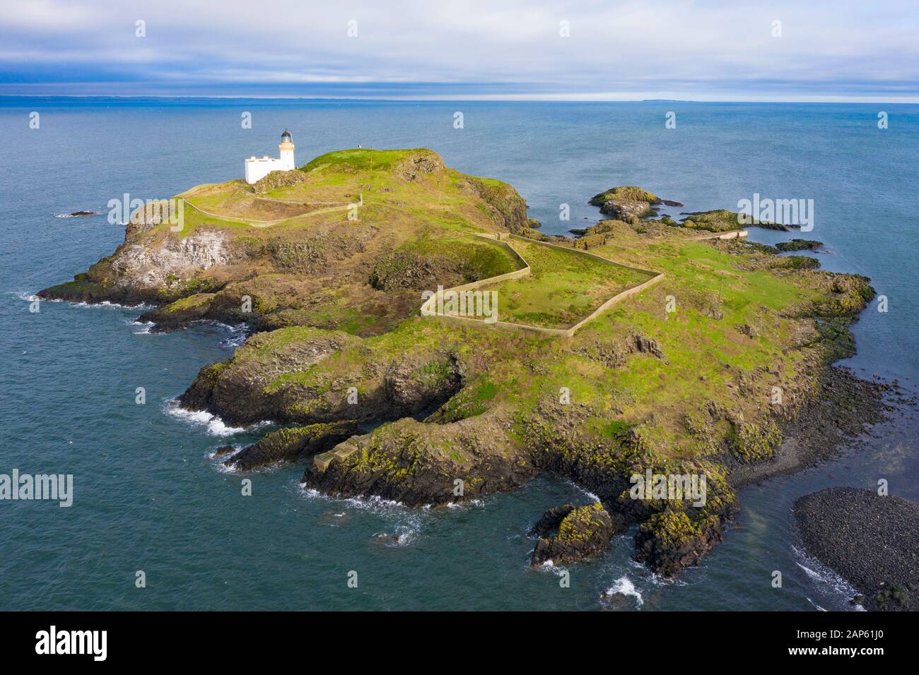 Aerial view of the Island of Fidra in the Firth of Forth off coast of ...