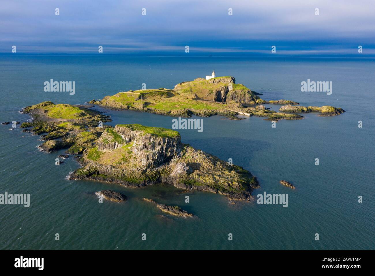 Aerial view of the Island of Fidra in the Firth of Forth off coast of ...