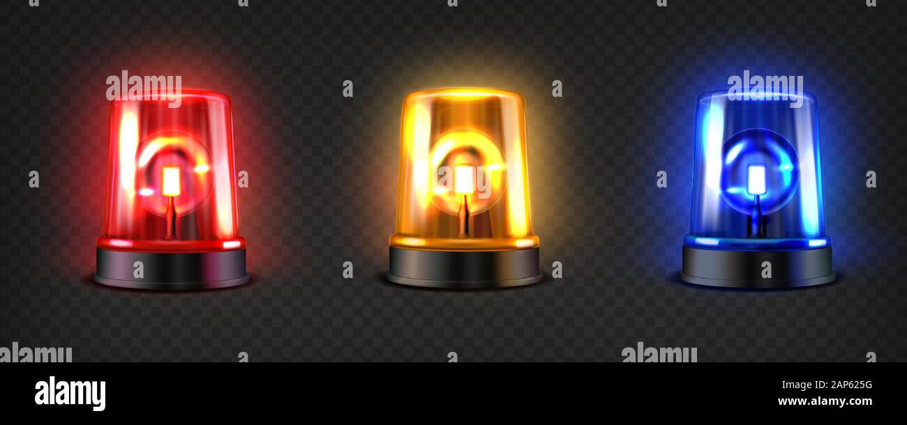 Realistic led flashers set. Red, blue and orange lights. Transparent ...