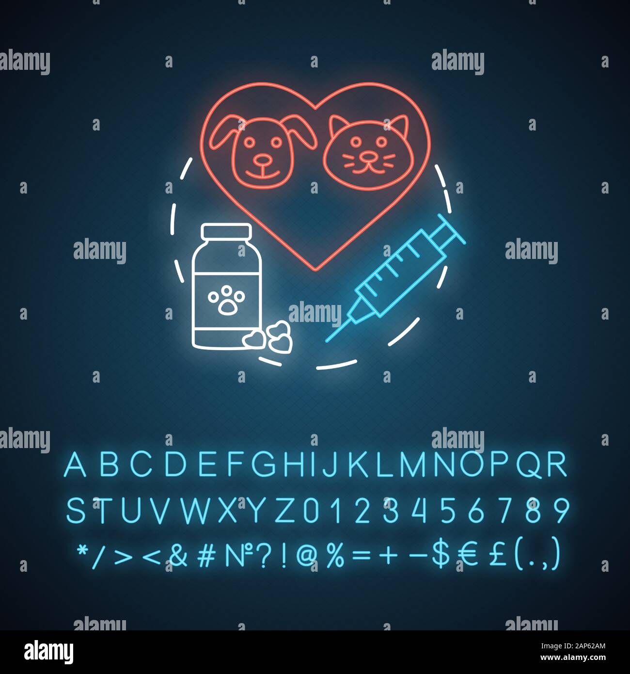 Pharmacy neon light concept icon. Veterinary medication prescription ...