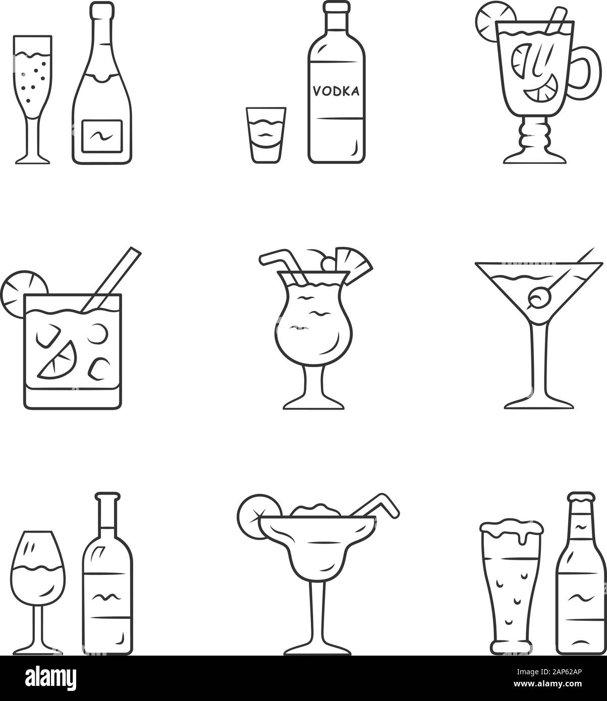 Drinks linear icons set. Alcohol drinks card. Vodka, hot toddy, wine ...