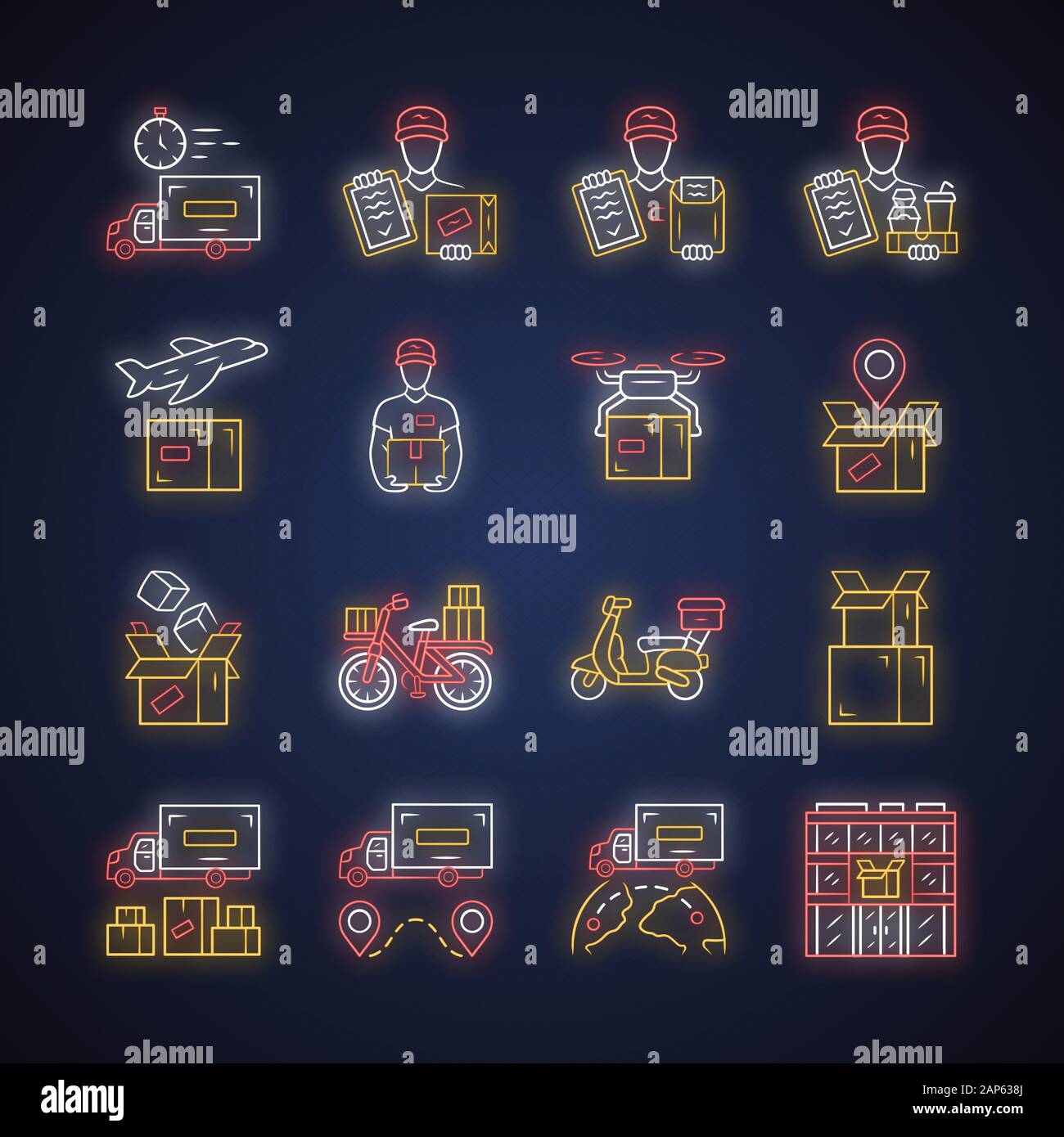 Delivery neon light icons set. Express goods shipping. Logistics and ...