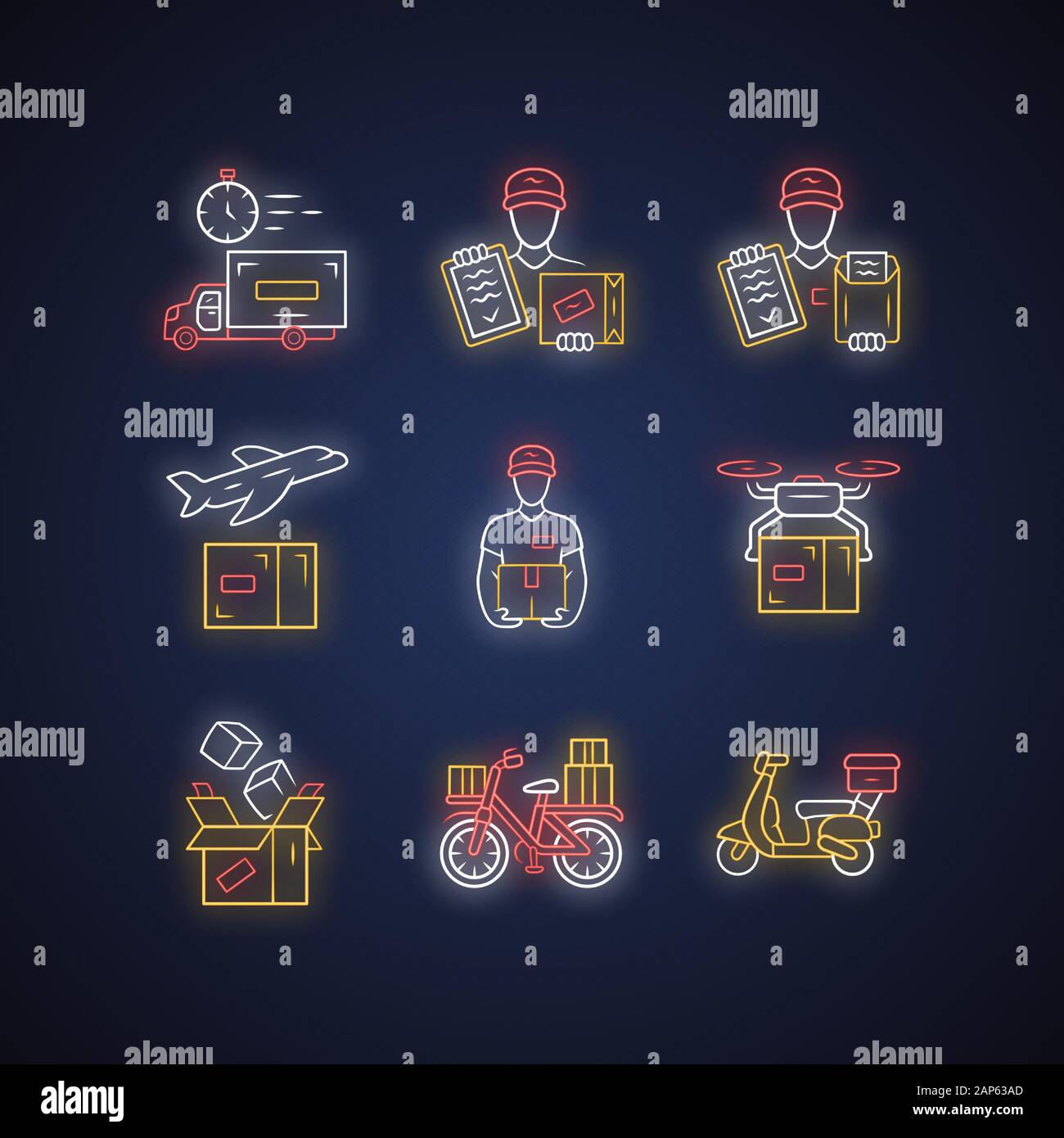 Delivery neon light icons set. Plane, drone express shipping. Parcel ...