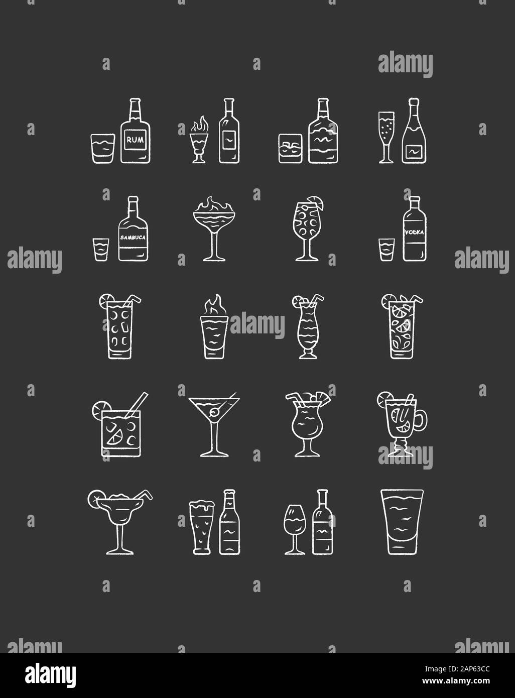 Drinks chalk icons set. Alcohol menu card. Beverages for cocktails ...