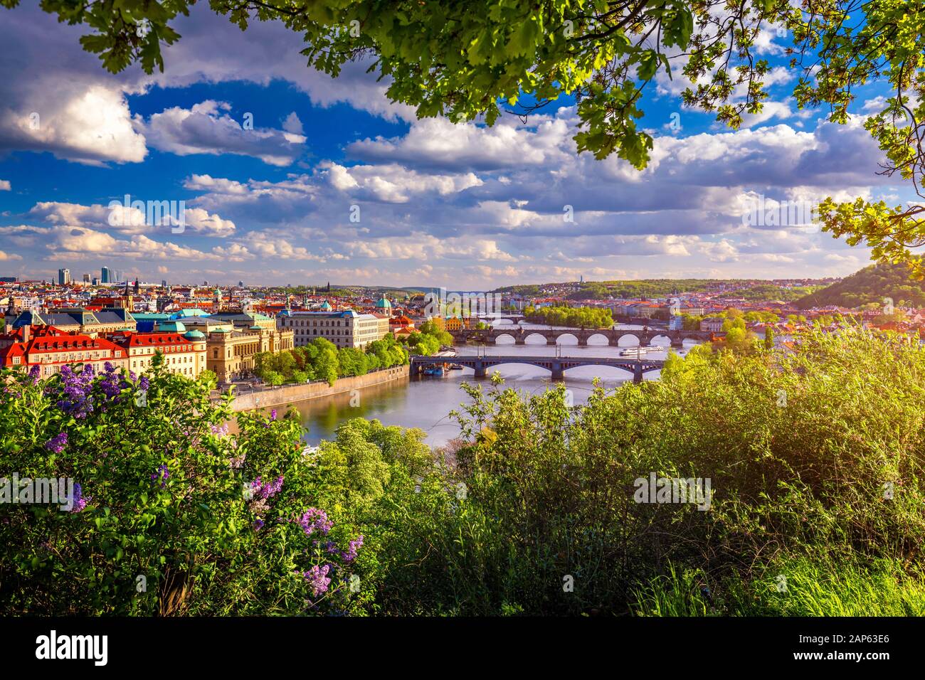 Amazing spring cityscape, Vltava river and old city center with ...