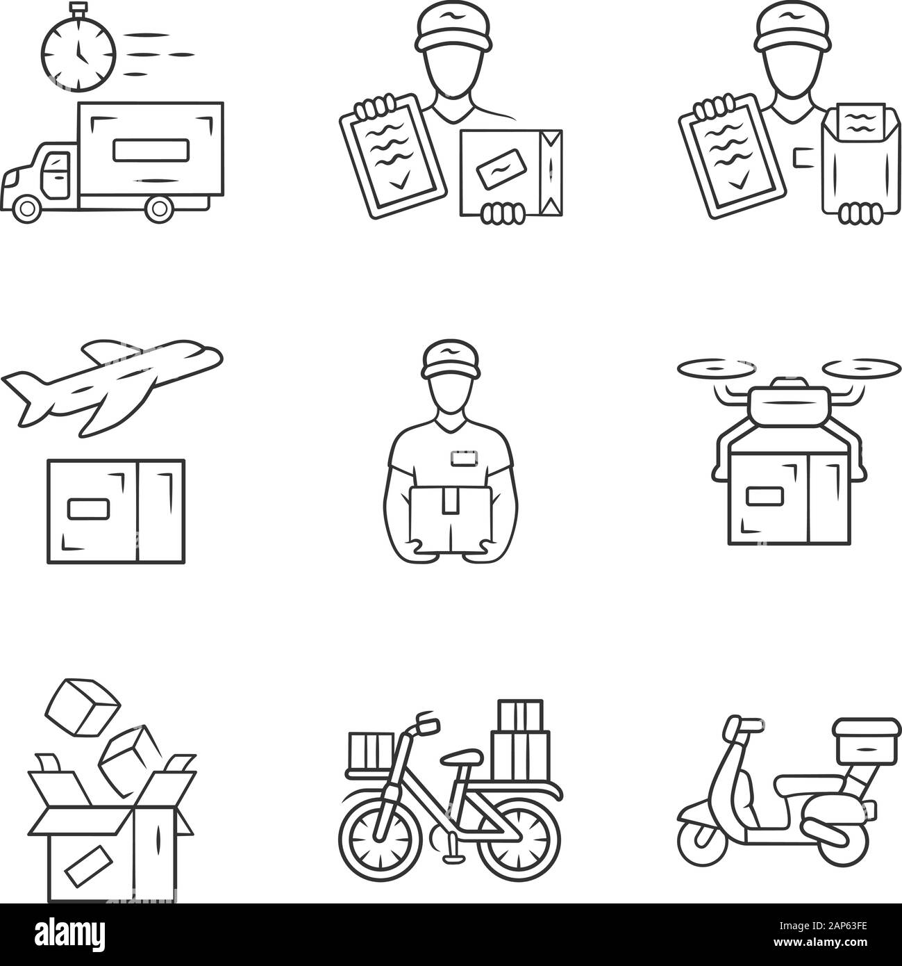 Delivery linear icons set. Plane, drone express shipping. Parcel ...