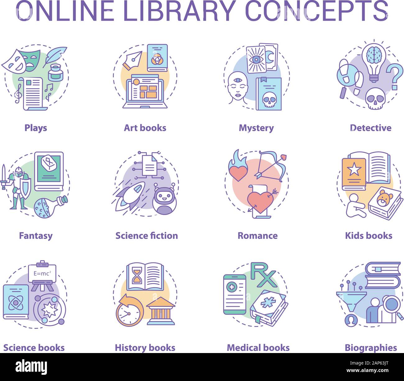 Online library concept icons set. Book catalogue idea thin line ...