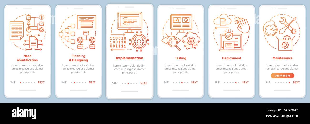 Software development stages onboarding mobile app page screen vector ...