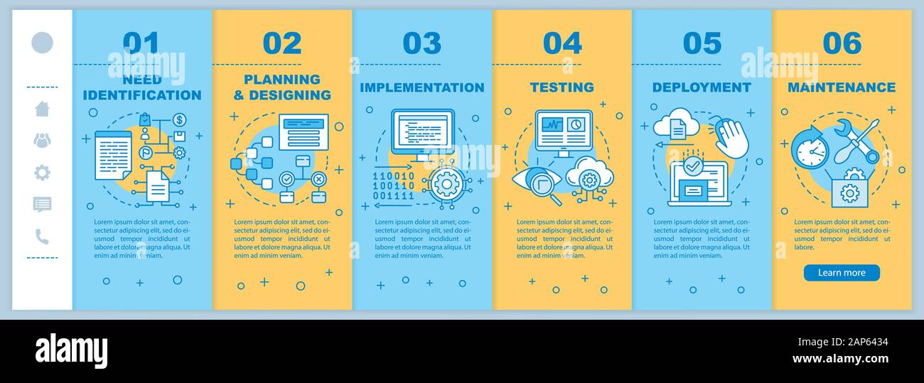 Software development stages onboarding mobile web pages vector template. Responsive smartphone ...
