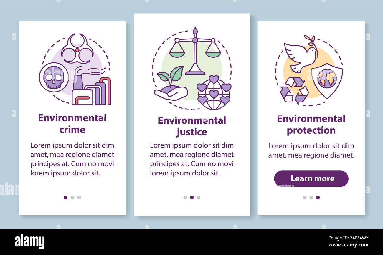 Environmental law onboarding mobile app page screen with linear concepts. Environment crime ...
