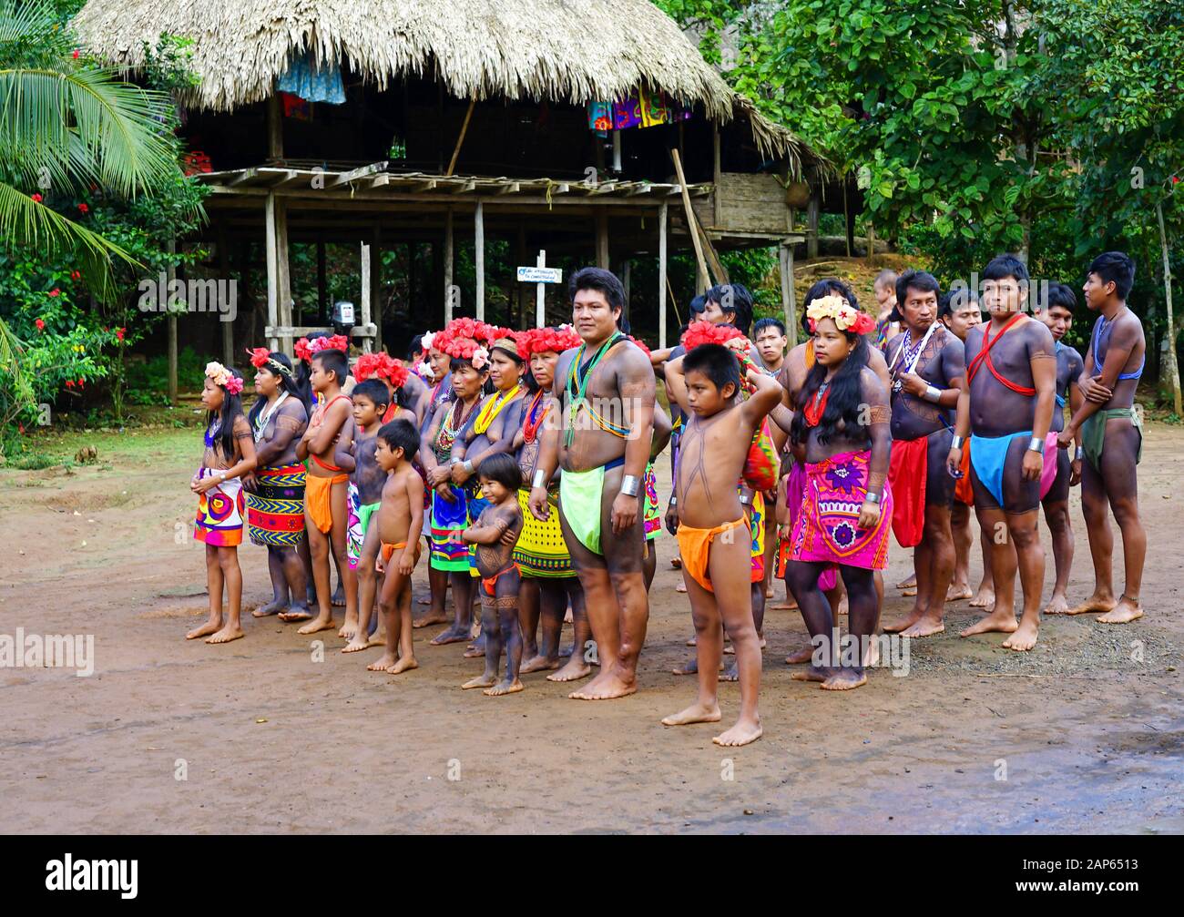 Group photo of the whole village at the Village, Embera Puru Village in Panama, indigenous ...