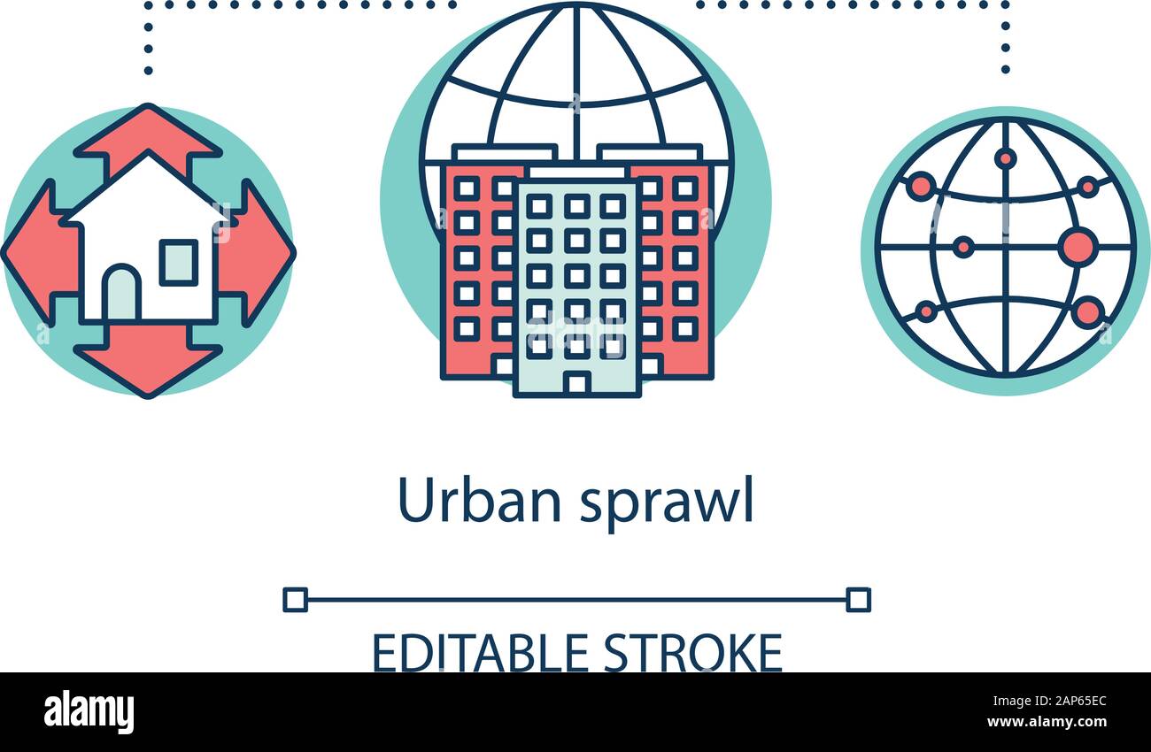 Urban sprawl concept icon. Growth of cities. Urbanization. Expansion of megalopolises. Urban ...