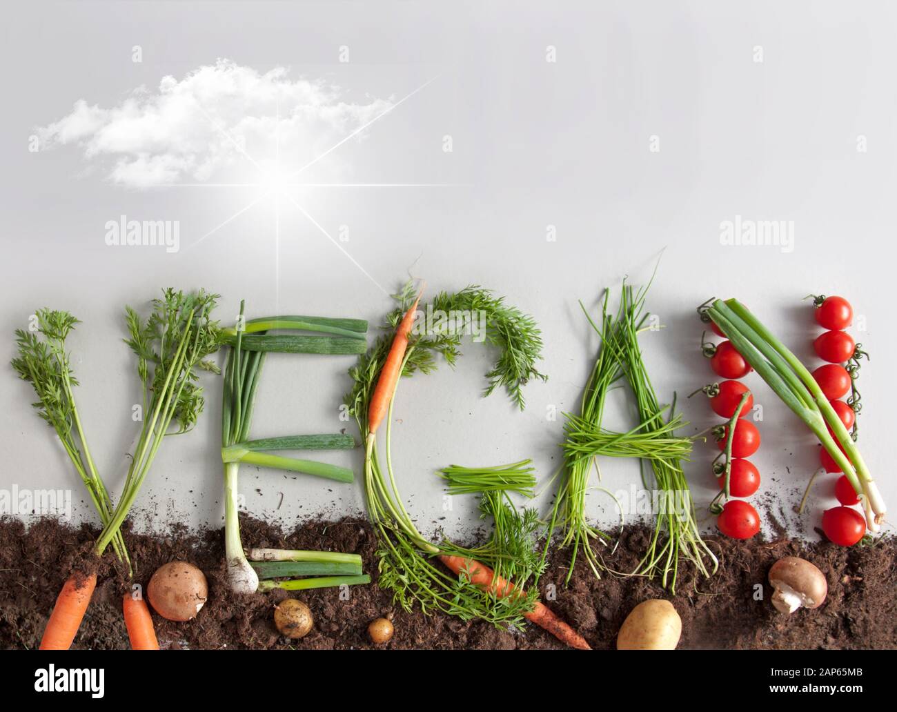 Vegan letters made from organic fruits and vegetables growing in a ...