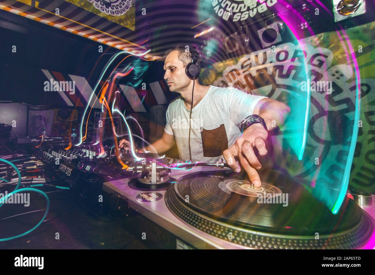 DJ mixing vinyl at Broken Balkanz Stock Photo - Alamy