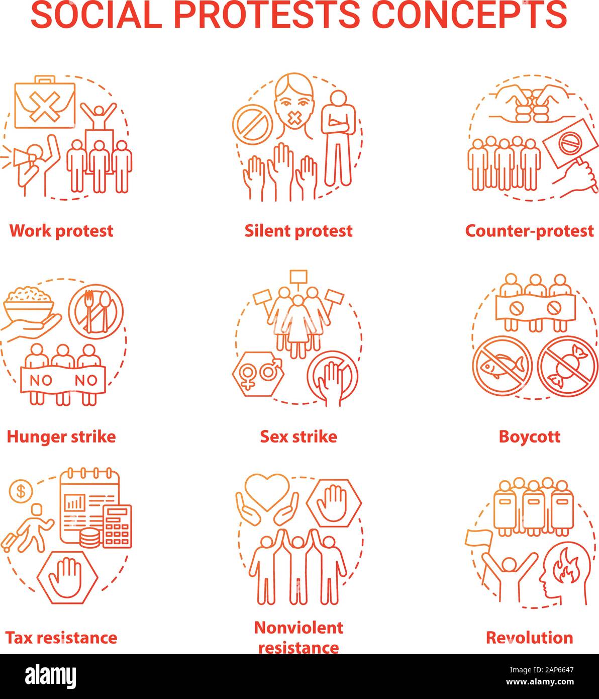 Social protests concept icons set. Public opposition, civil ...