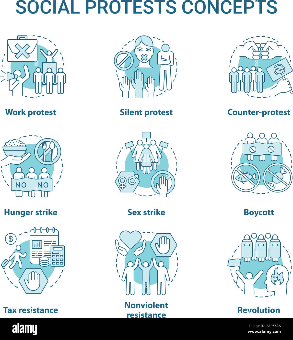 Social protests concept icons set. Public demonstrations, civil ...