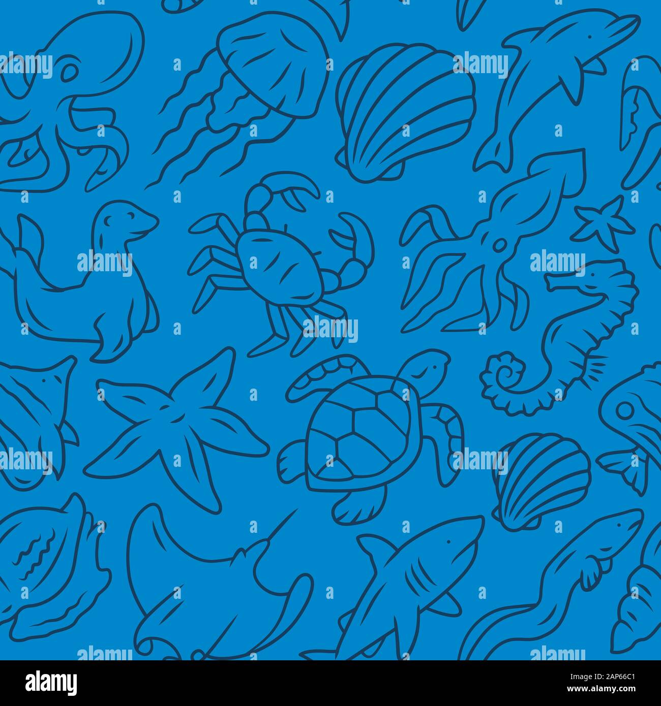 Sea animals vector seamless pattern. Marine habitants background. Blue ...