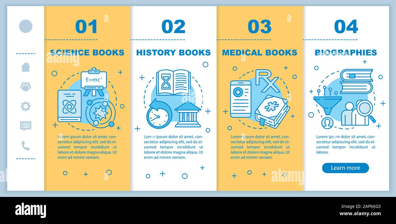 Books Catalogue Onboarding Mobile Web Pages Vector Template Book