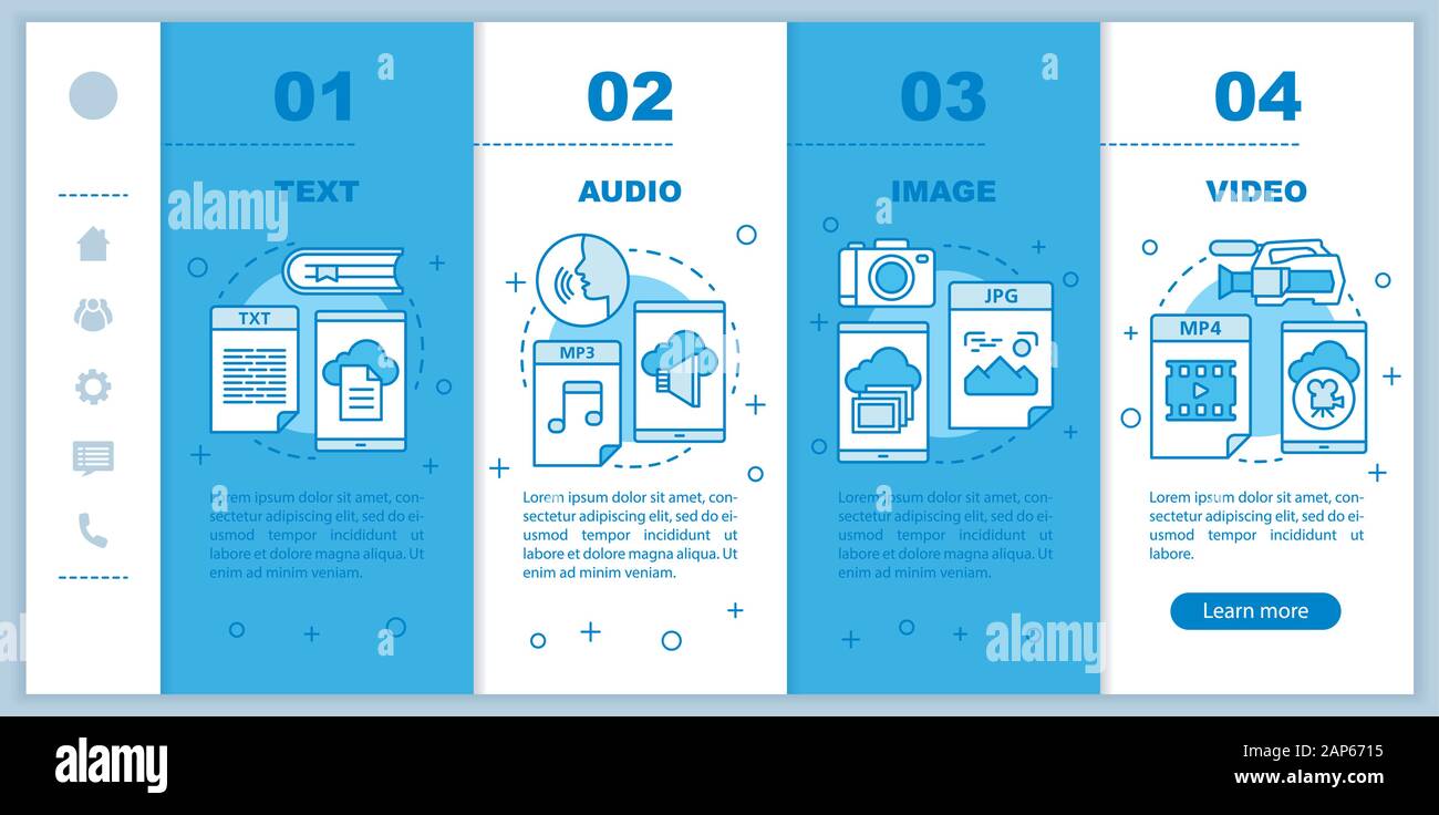 Digital library onboarding mobile web pages vector template. Media types. Responsive smartphone ...