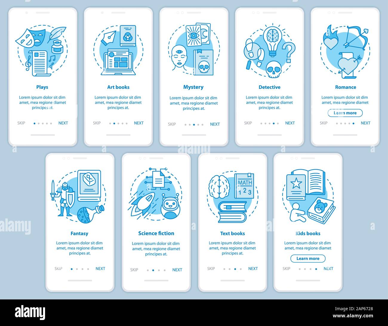 Books catalogue onboarding mobile app page screen with linear concepts ...