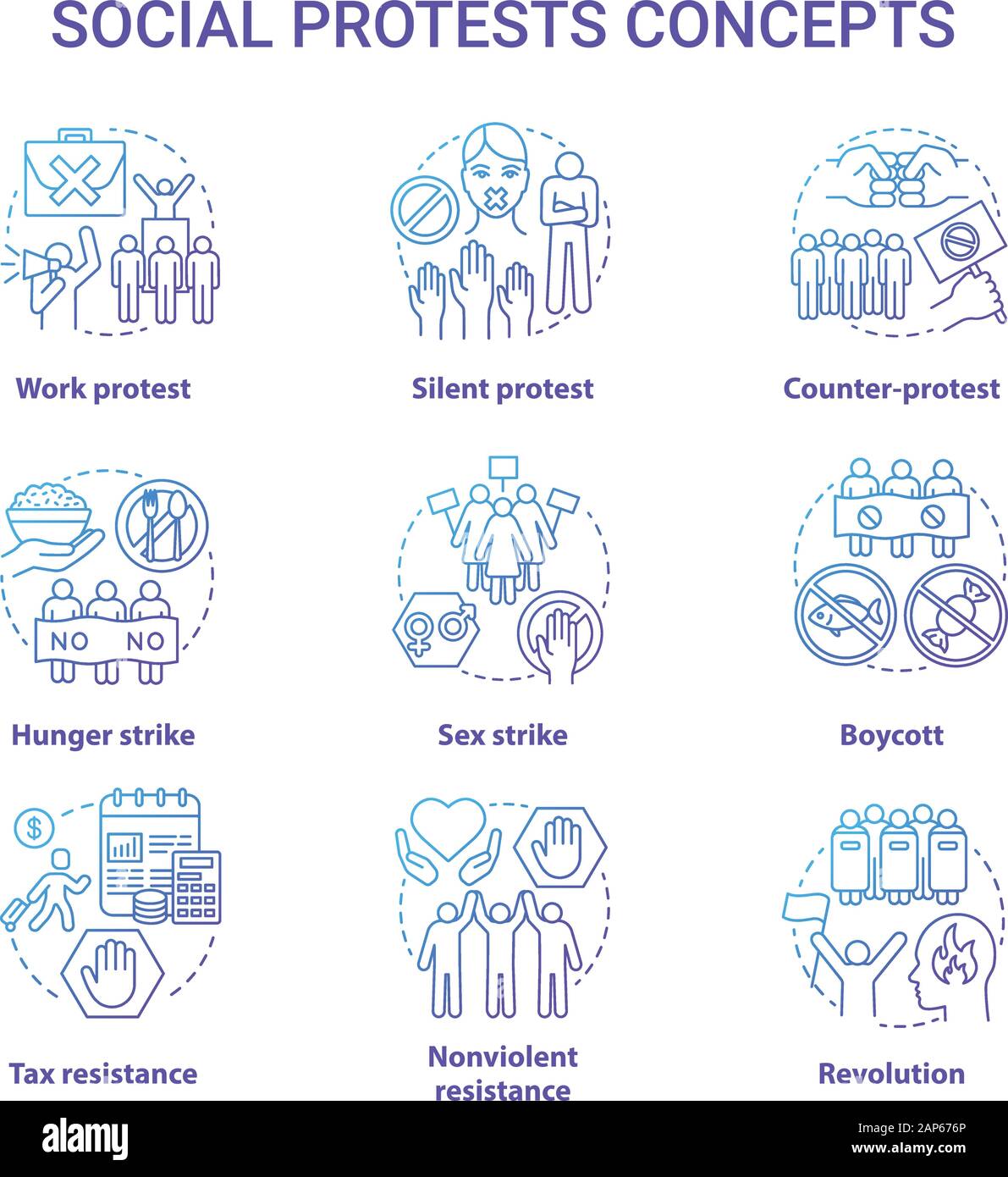Social protests concept icons set. Public demonstrations, civil ...