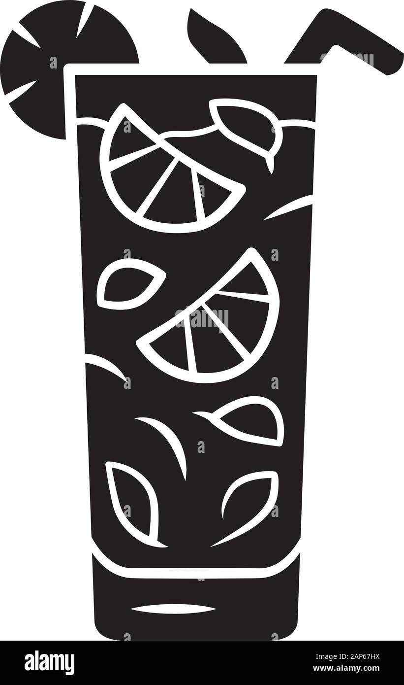 Moxito glyph icon. Mojito cocktail in highball glass slice of citrus and straw. Mixed drink with ...