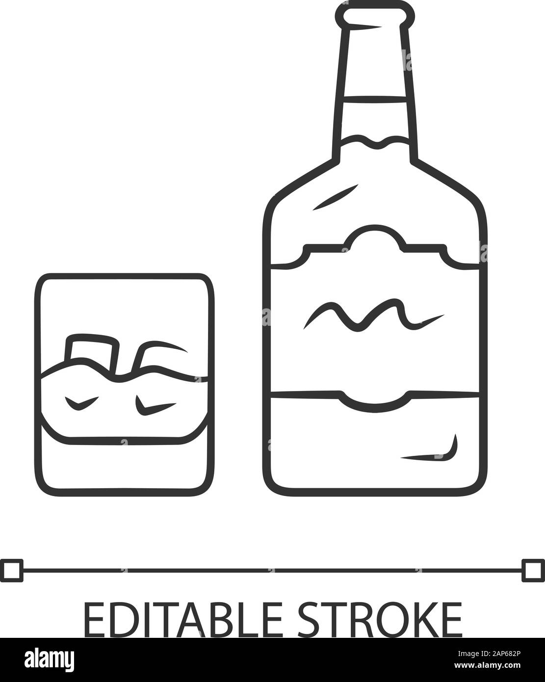 Whiskey linear icon. Bottle and old fashioned glass with drink. Scotch ...