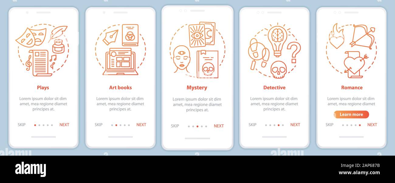Books catalogue onboarding mobile app page screen with linear concepts ...