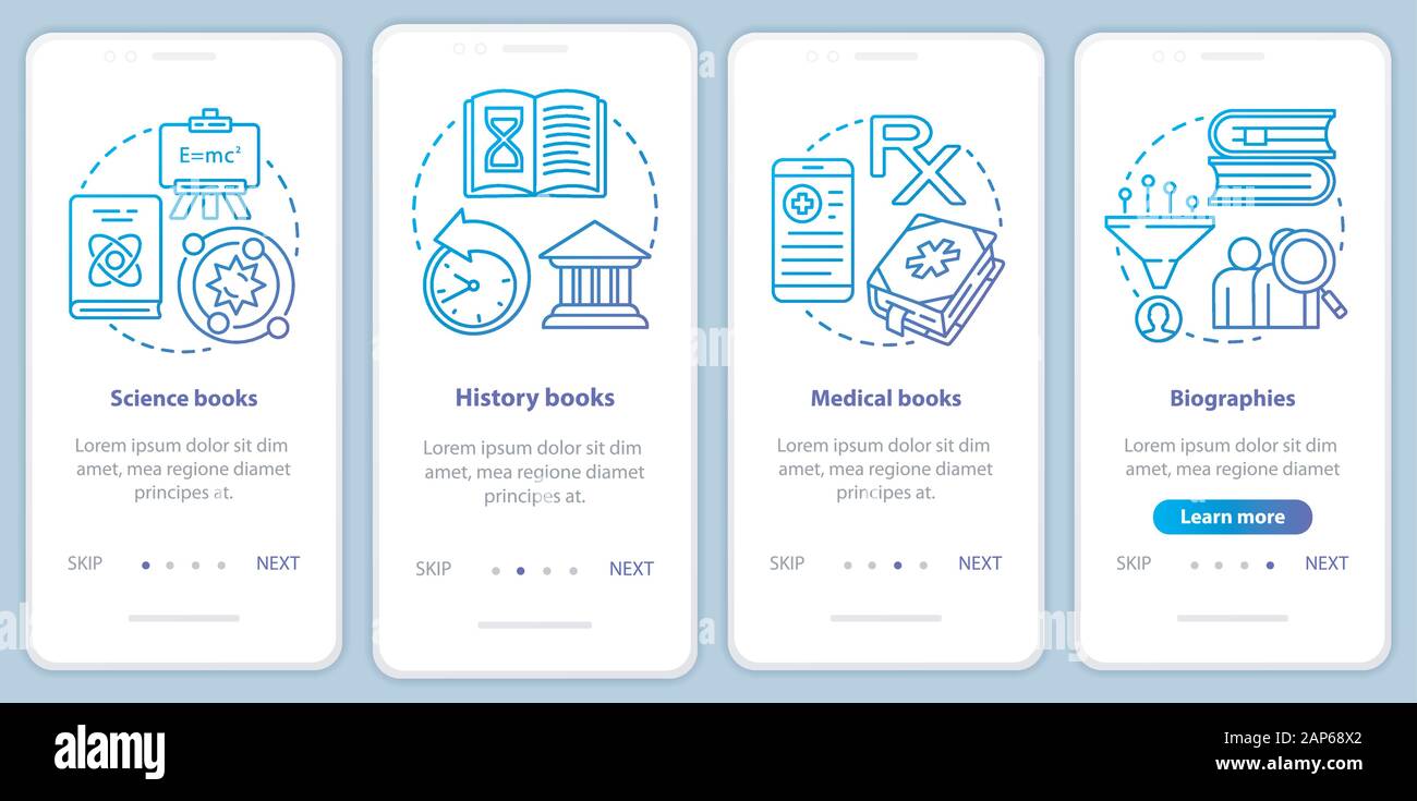 Books catalogue onboarding mobile app page screen with linear concepts ...