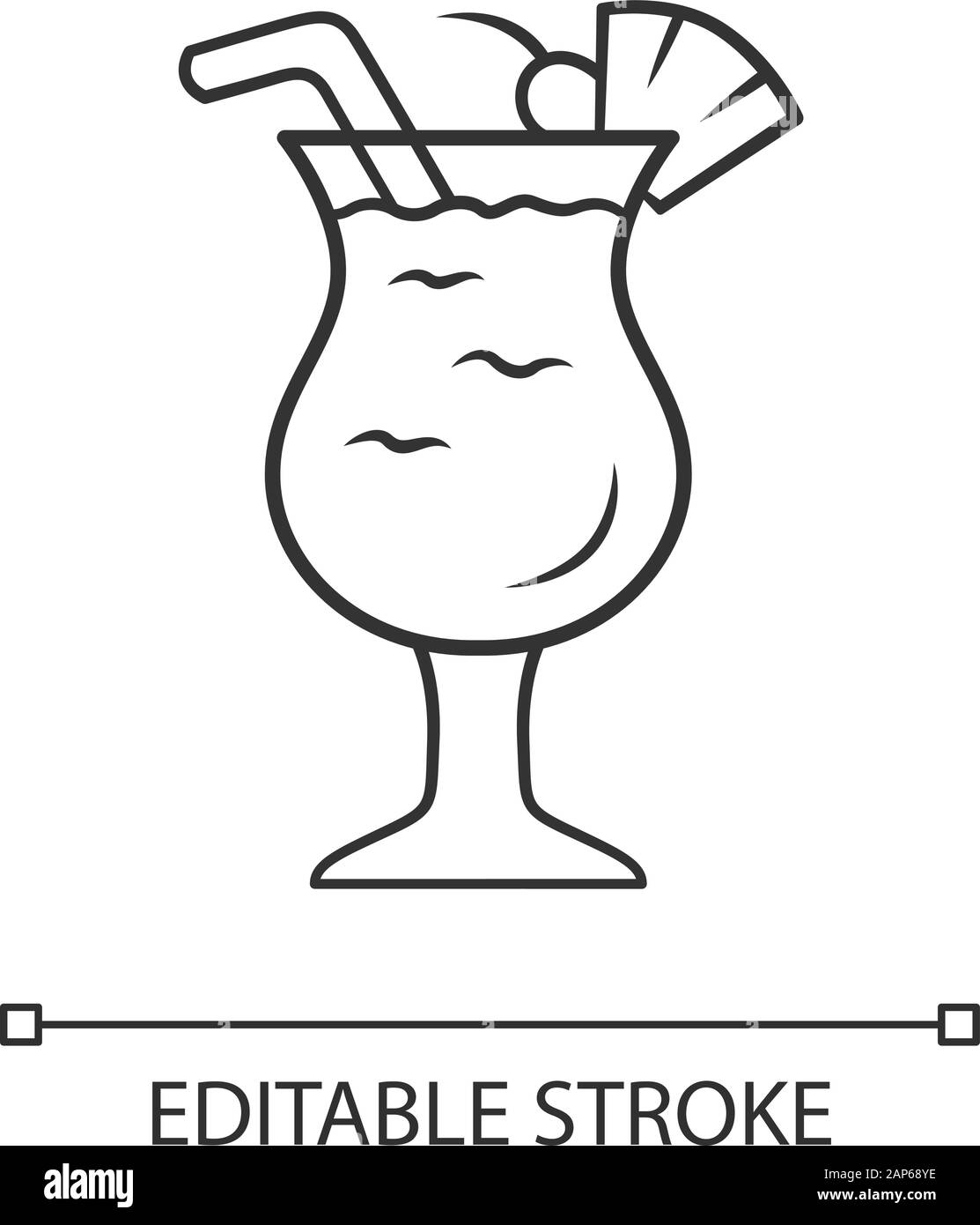 Pina colada linear icon. Footed glass with drink, slice of fruit and ...