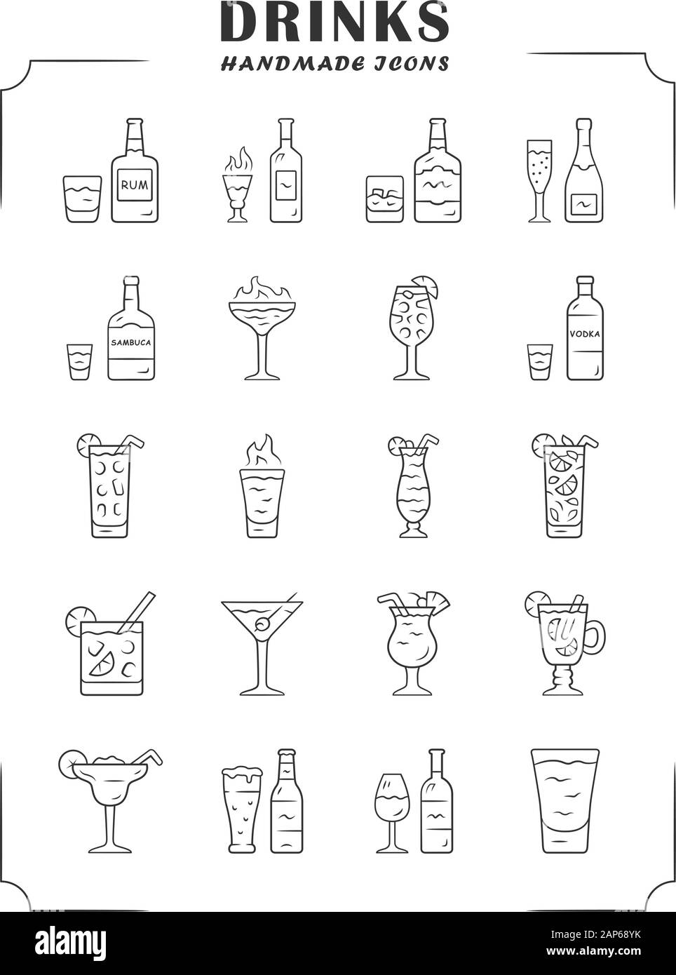Drinks linear icons set. Alcohol menu card. Beverages for cocktails ...