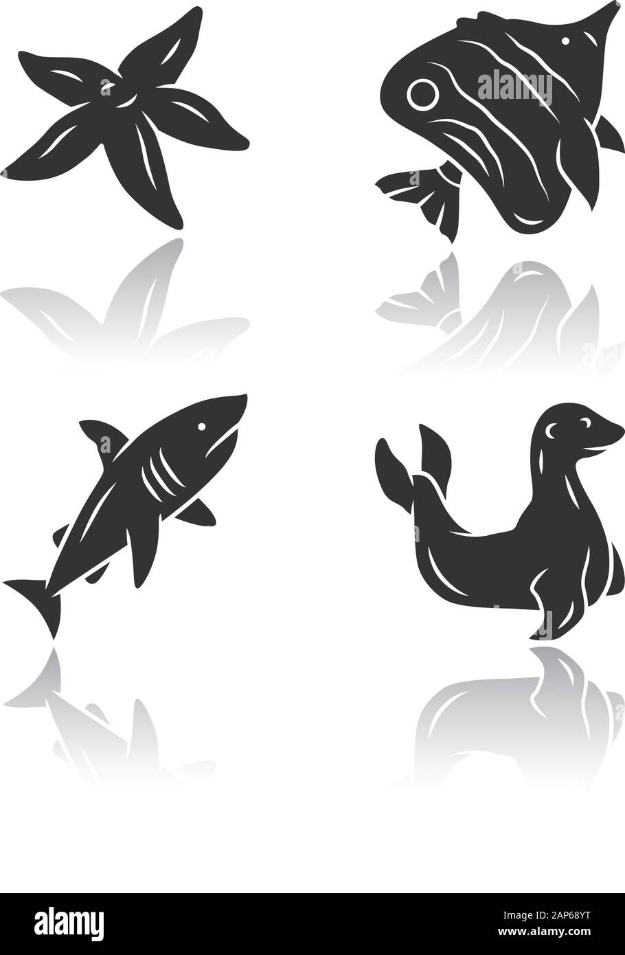 Sea animals drop shadow black glyph icons set. Starfish, butterflyfish ...