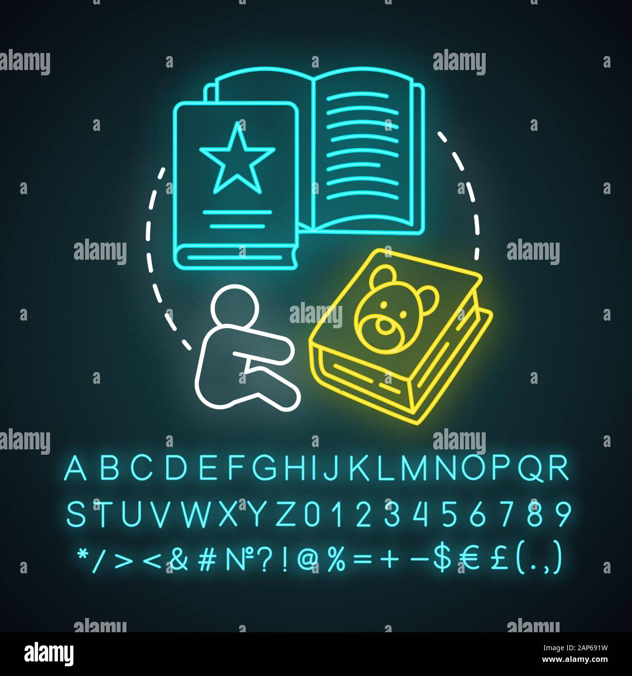 Kids books neon light concept icon. Childrens literature idea. Fairy ...