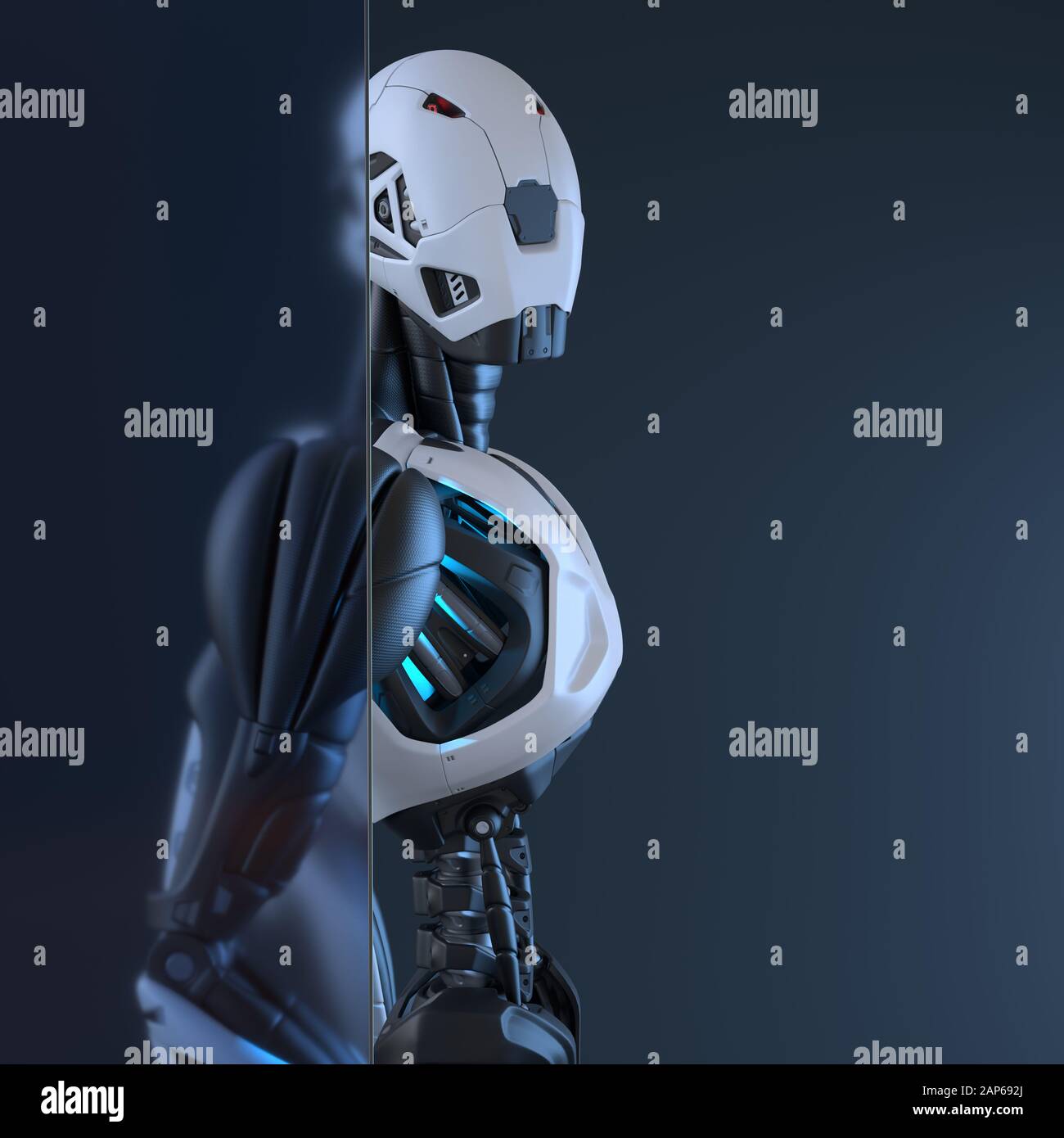 Robotstands behind of glass wall. 3D illustration Stock Photo - Alamy