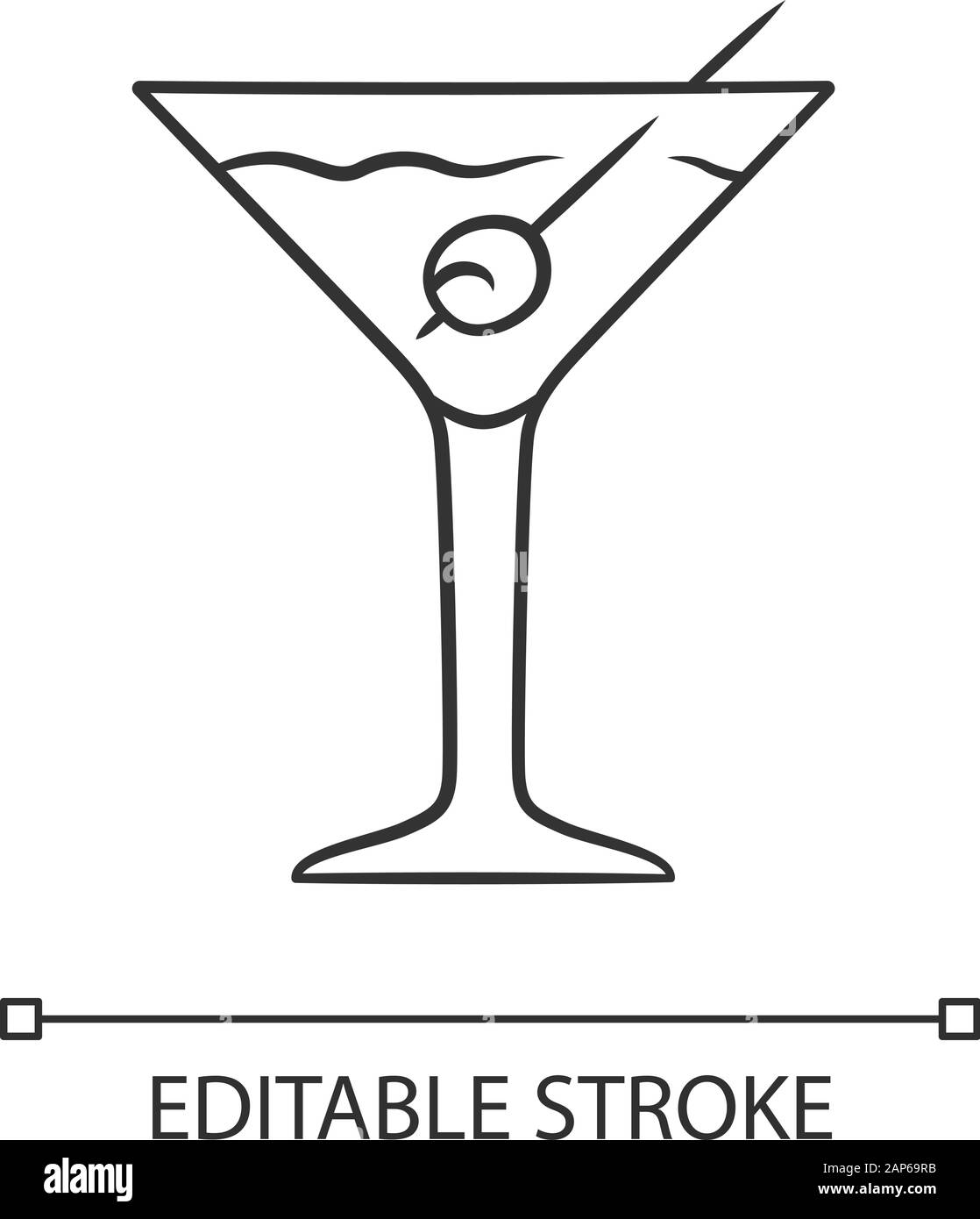 Martini linear icon. Footed glass with drink and olive. Cocktail with ...