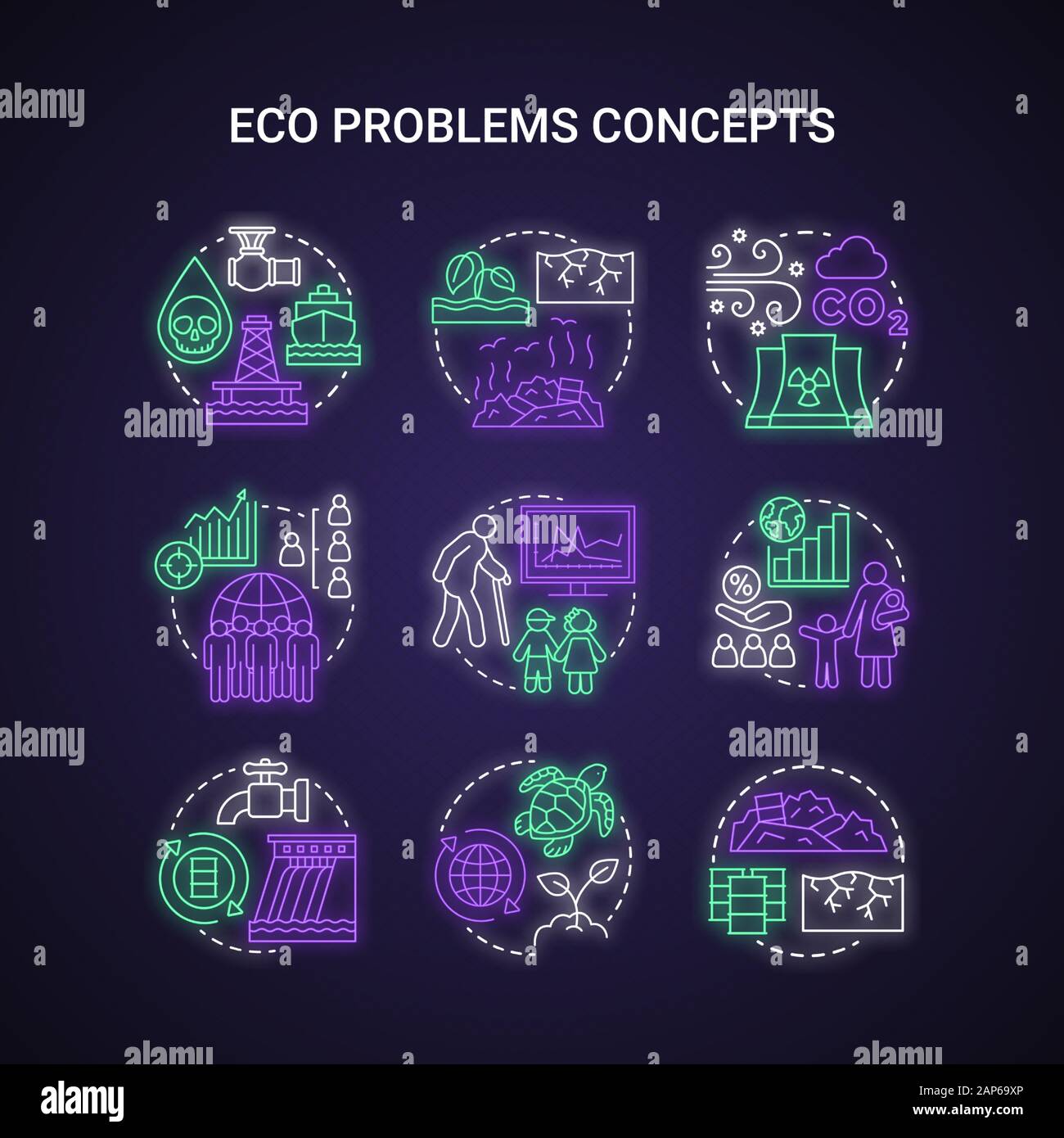 Eco problems neon light concept icons set. Ecological disaster idea. Pollution of water, soil ...