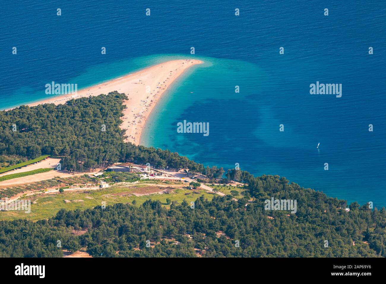 Beautiful panorama of famous Adriatic beach Zlatni Rat (Golden Cape or ...