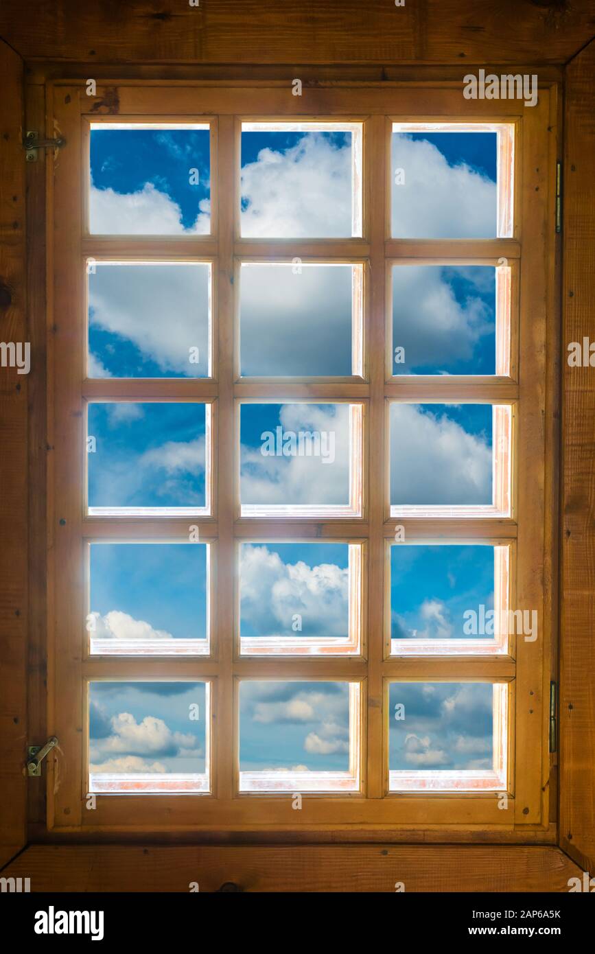 Wooden window with beautiful view to blue sky and clouds Stock Photo ...