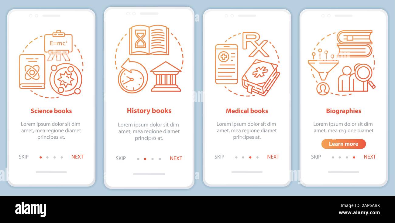 Books catalogue onboarding mobile app page screen with linear concepts ...