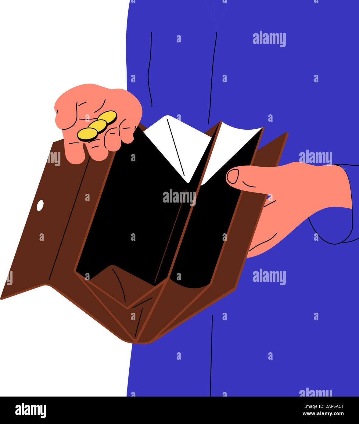 Human caucasian hands holding open empty wallet and few coins. Isolated ...