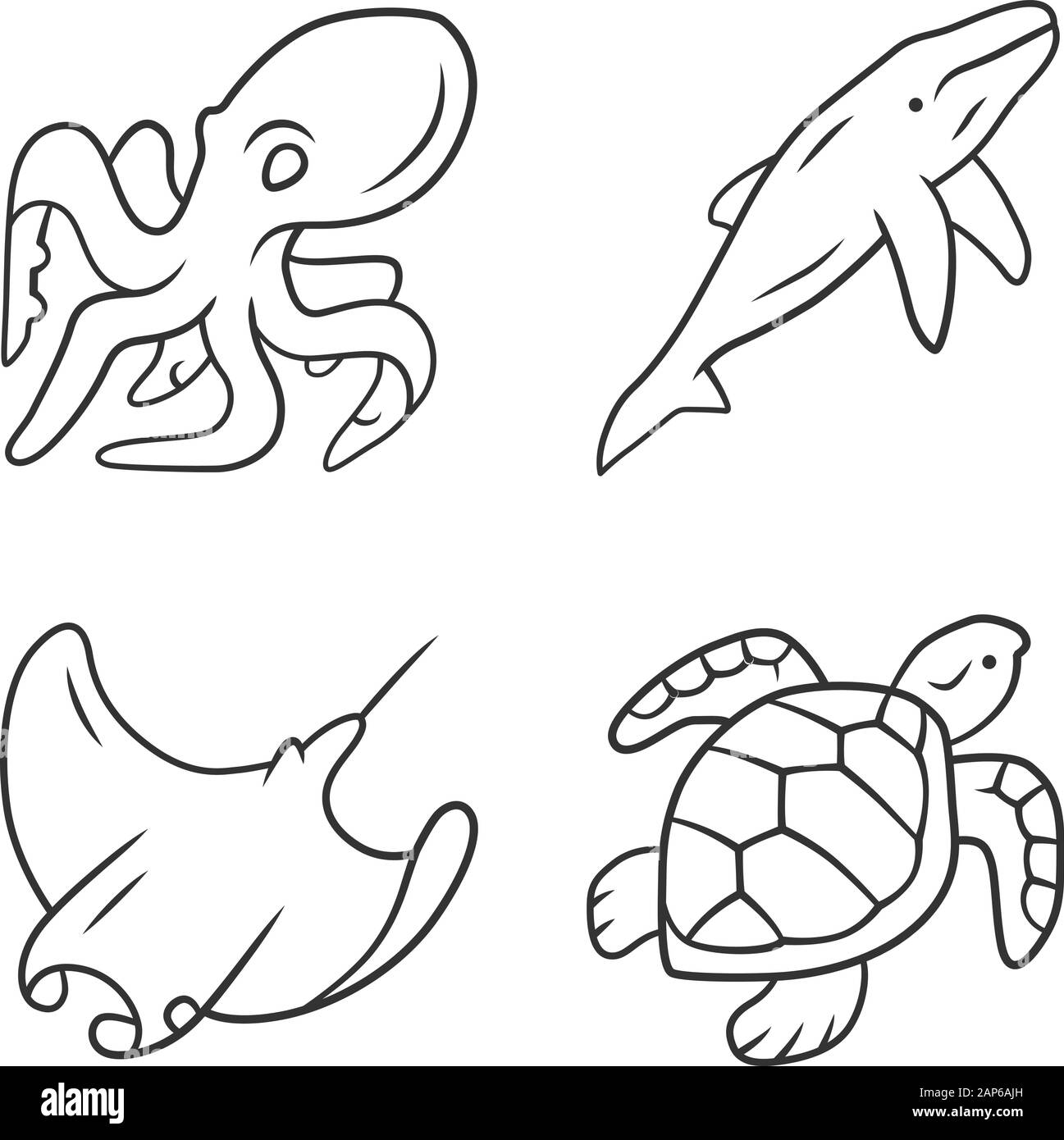 Underwater world linear icons set. Swimming octopus, squid, turtle ...