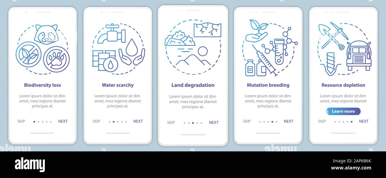 Environmental issues onboarding mobile app page screen vector template ...