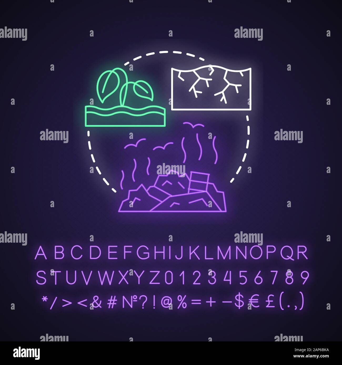 Soil pollution neon light concept icon. Land waste contamination idea ...