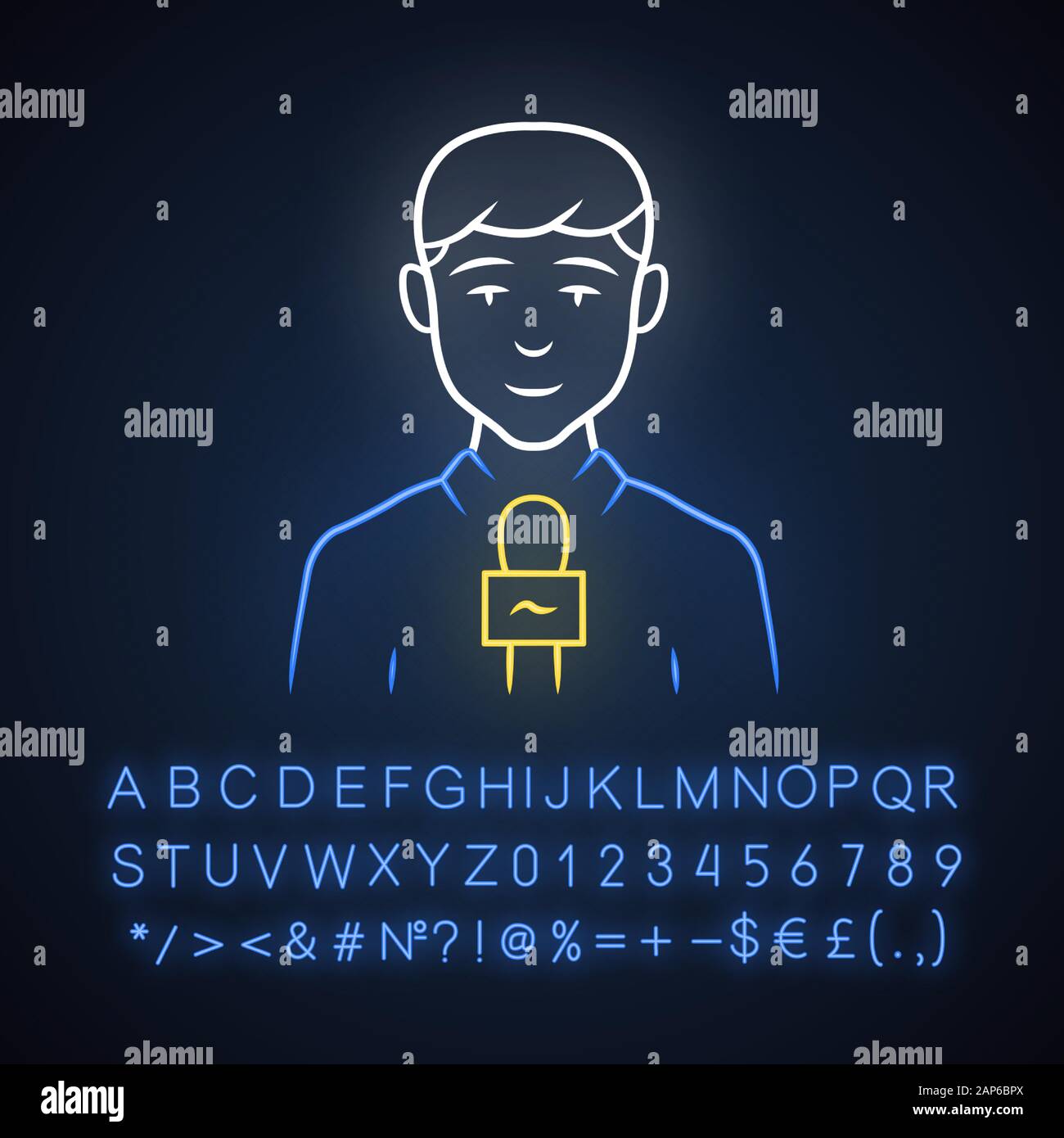 Reporter man neon light icon. TV presenter, interviewer with microphone ...