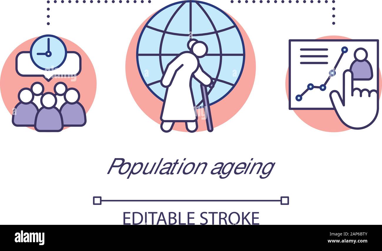 Population ageing concept icon. Demographic problem. Rising life expectancy. Pensioners social ...