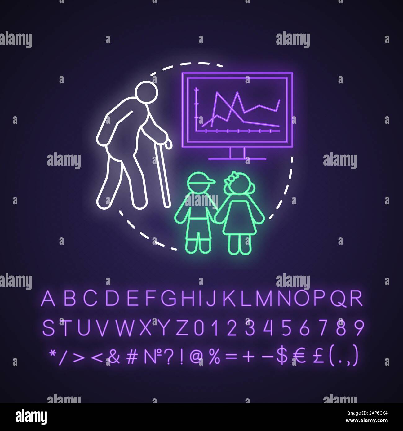 Population ageing neon light concept icon. Elderly people number ...
