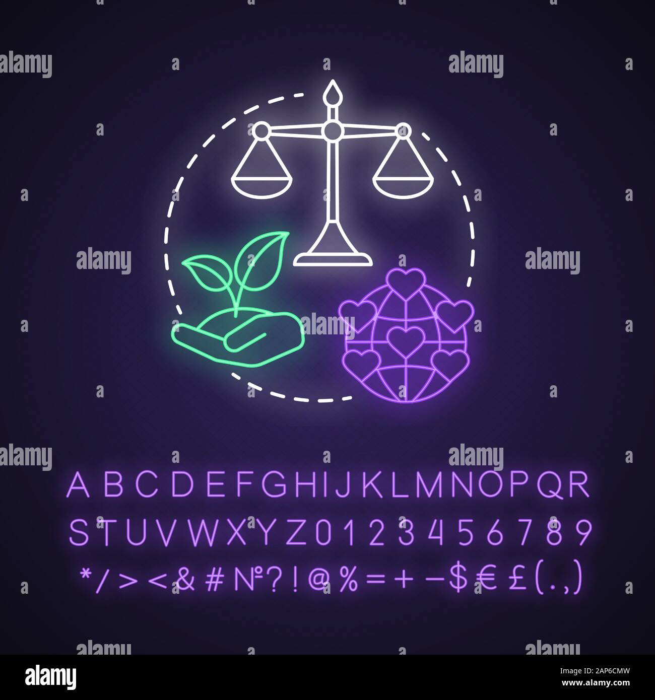 Environmental justice neon light concept icon. Equitable attitude ...