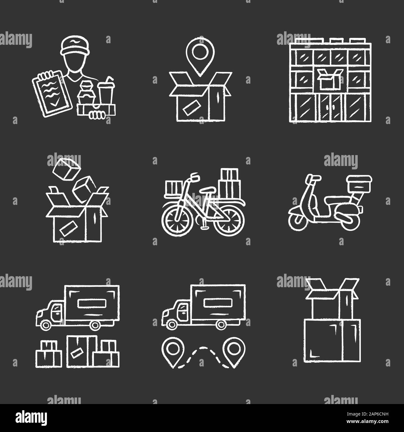 Delivery chalk icons set. Parcel tracking, post office, cardboard box ...