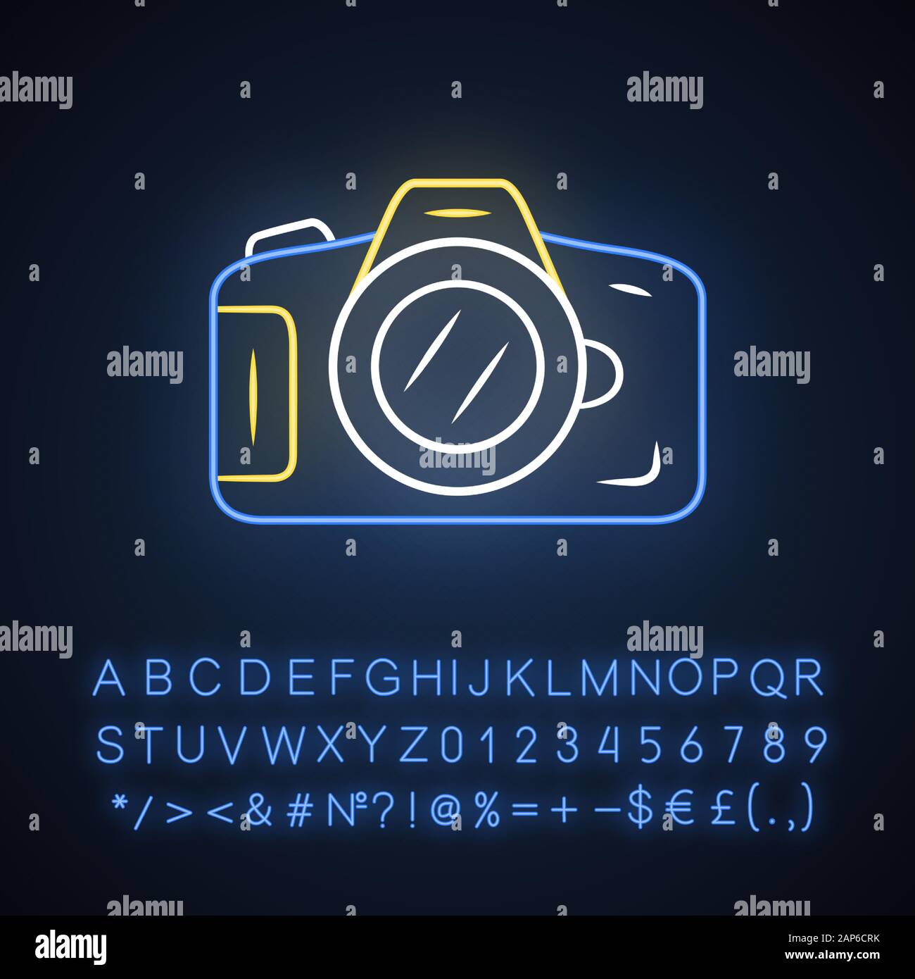 Photo camera neon light icon. Professional photocamera. Making ...