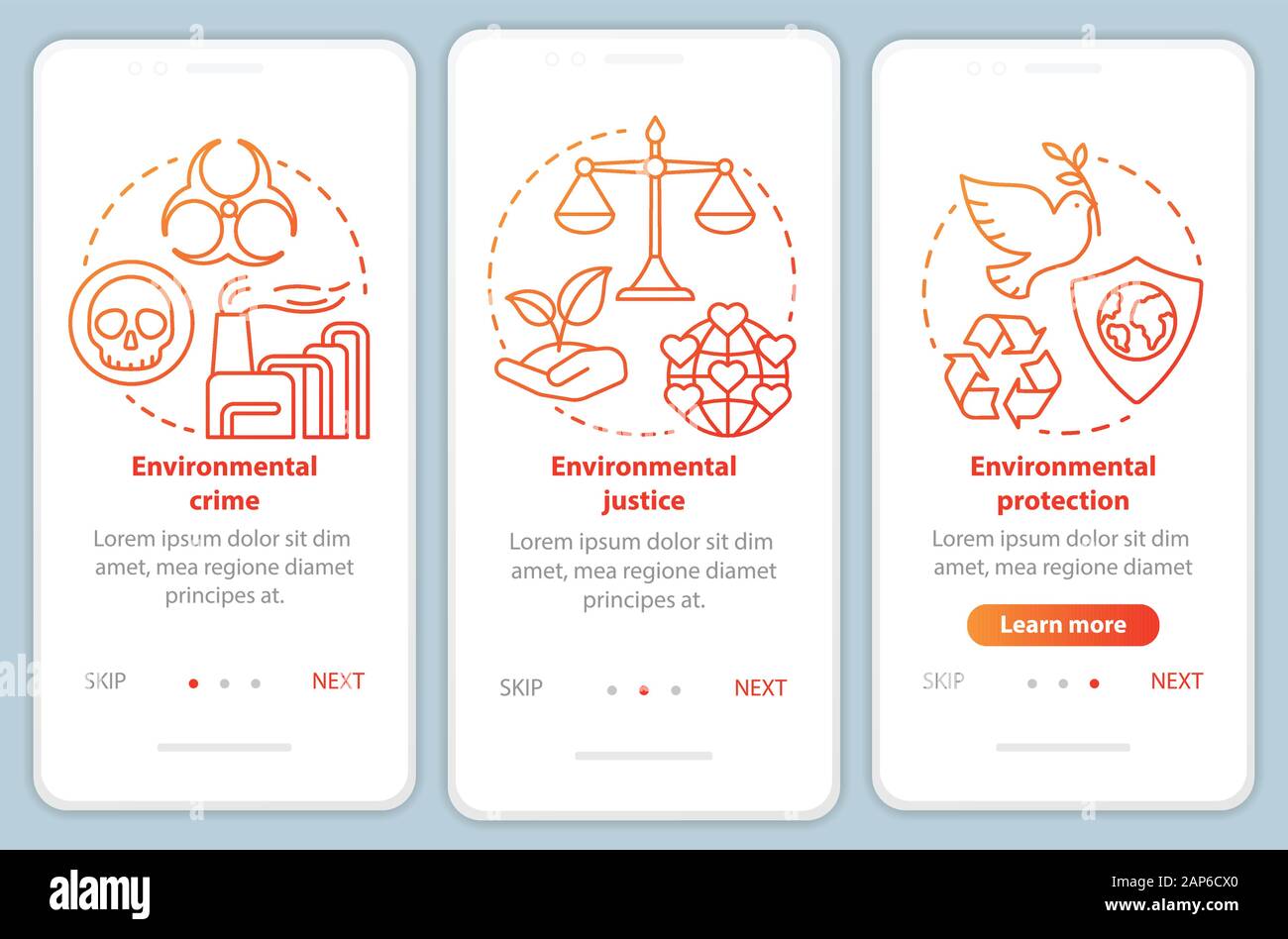 Environmental law onboarding mobile app page screen vector template. Environment crime ...